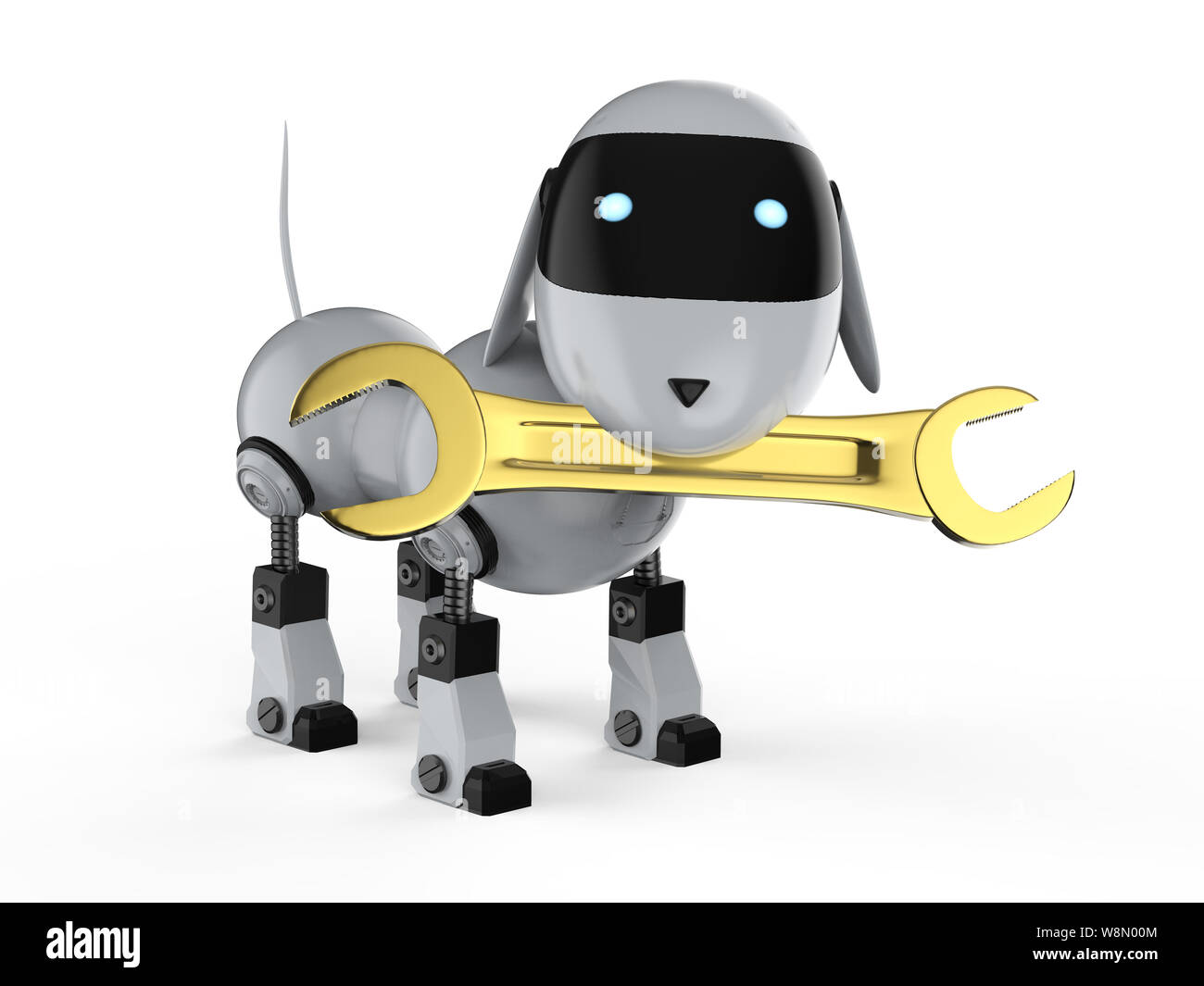 3d rendering engineer dog robot with golden wrench on white background ...