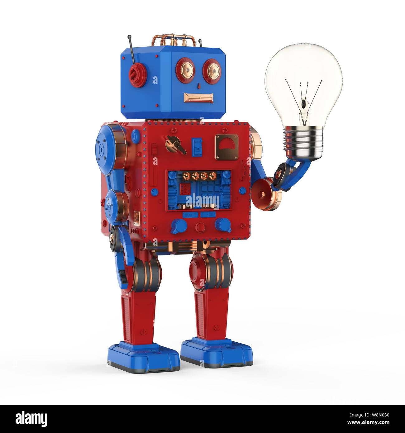 Technology creativity concept with 3d rendering tin toy robot hold ...