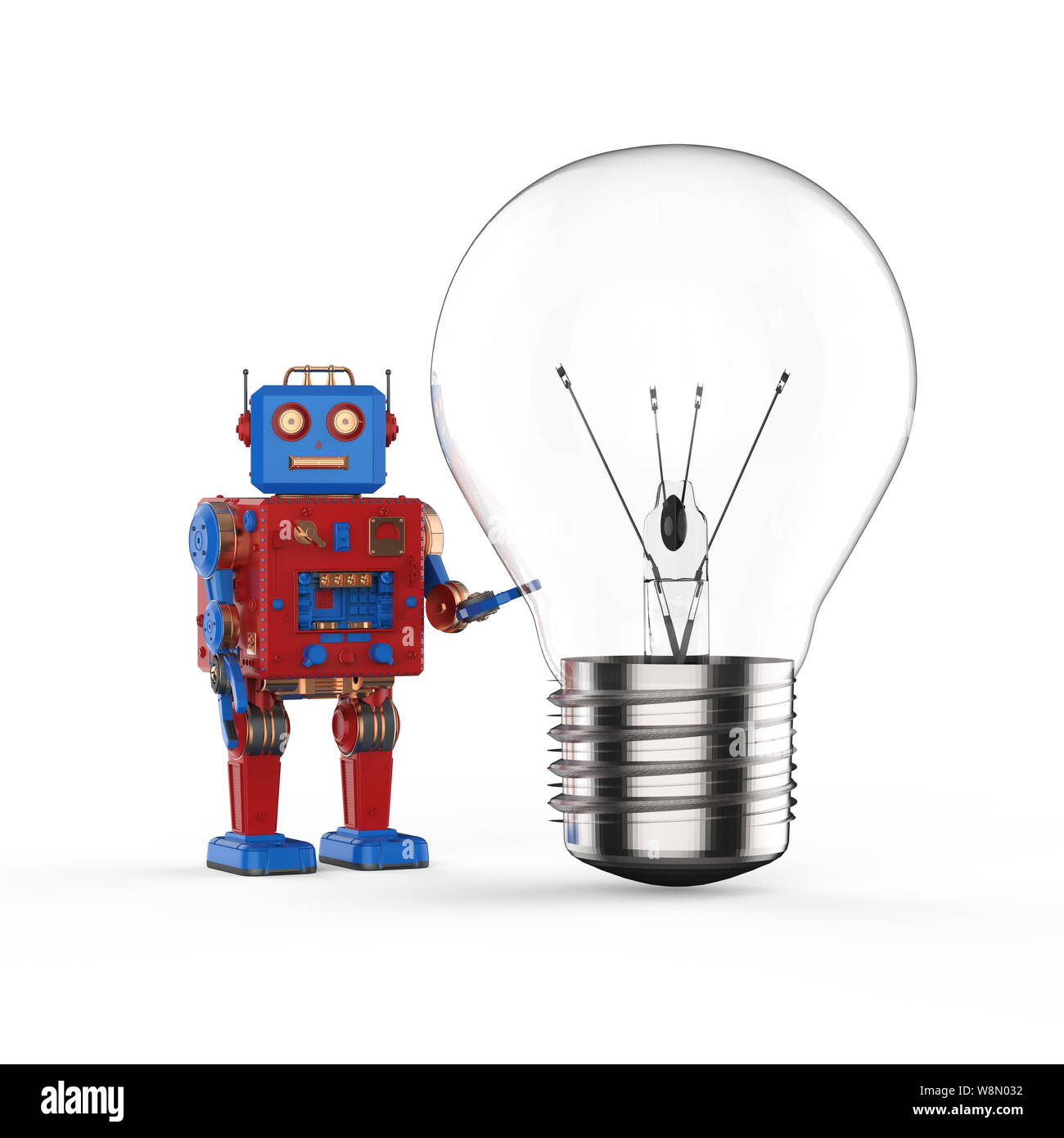 Technology creativity concept with 3d rendering tin toy robot hold ...