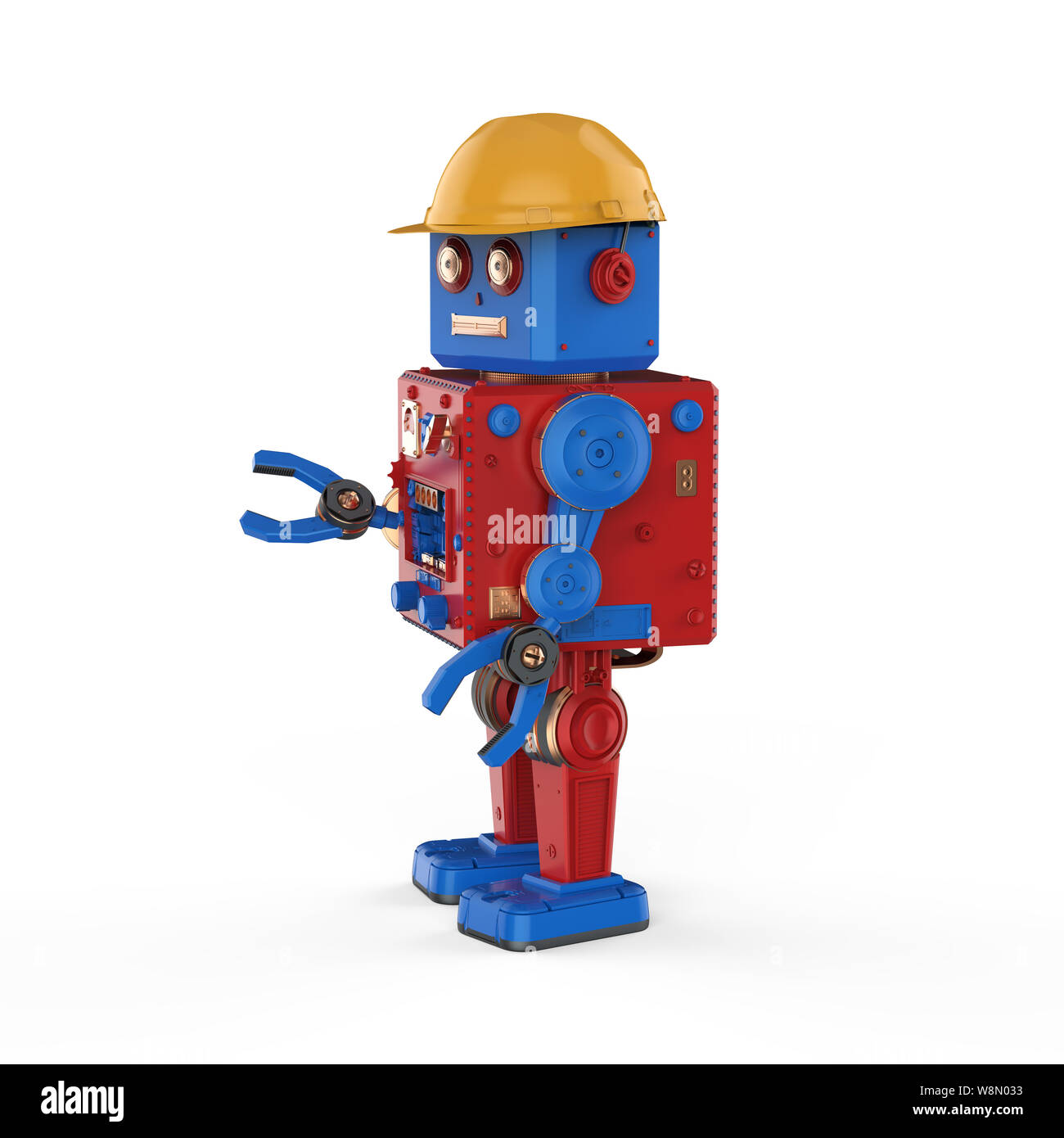 Engineer robot concept with 3d rendering robot tin toy with hard hat ...