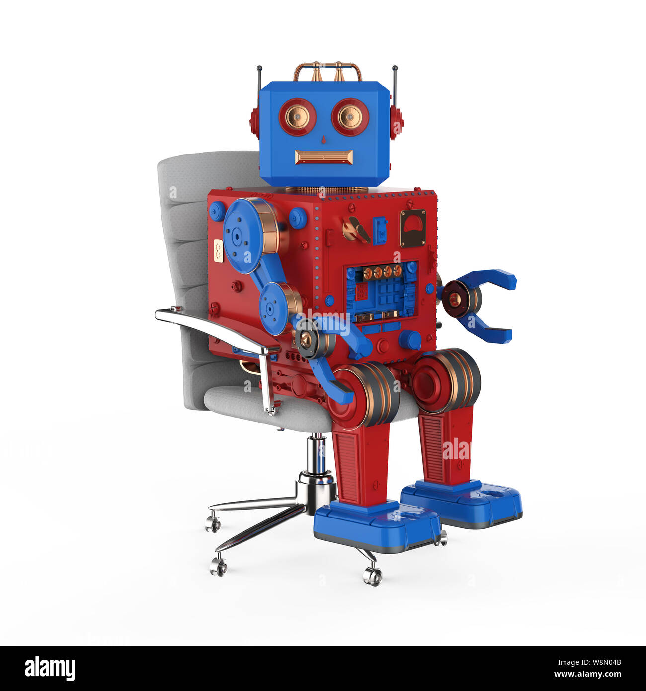 3d rendering robot tin toy sit on office chair Stock Photo - Alamy