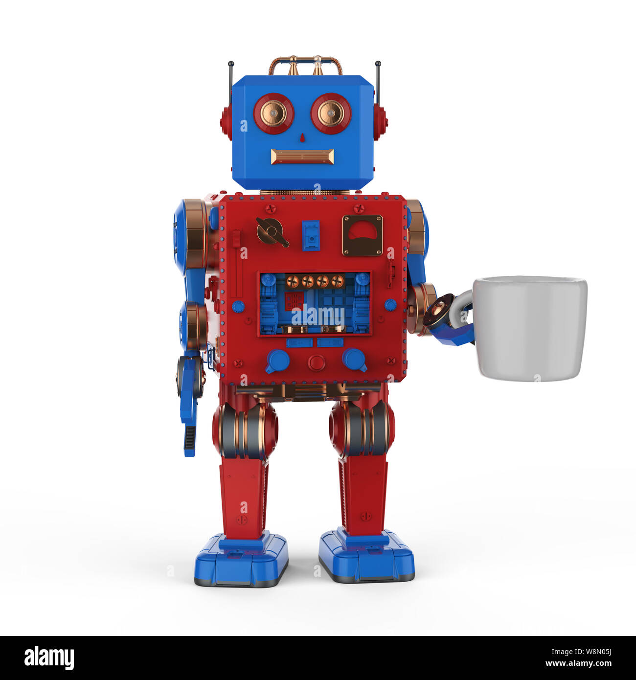 Automation coffee machine concept with 3d rendering robot tin toy with ...