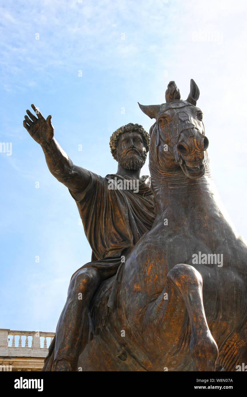 Bronze Roman equestrian statue of Emperor Marcus Aurelius, against the ...