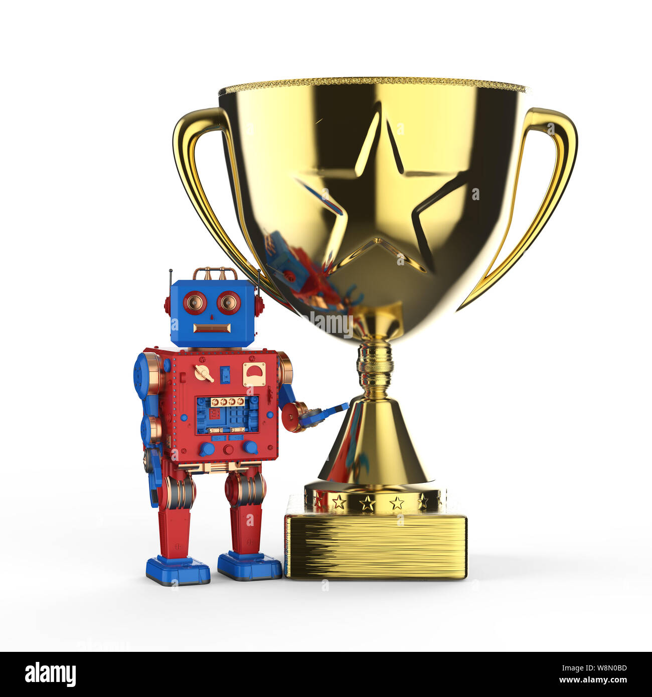 Leadership technology concept with 3d rendering robot holding golden ...