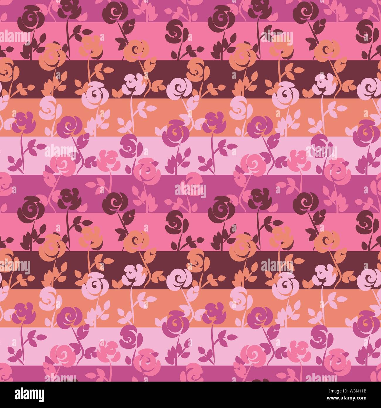 seamless vector stripes pattern with rose flowers in shades of pink ...