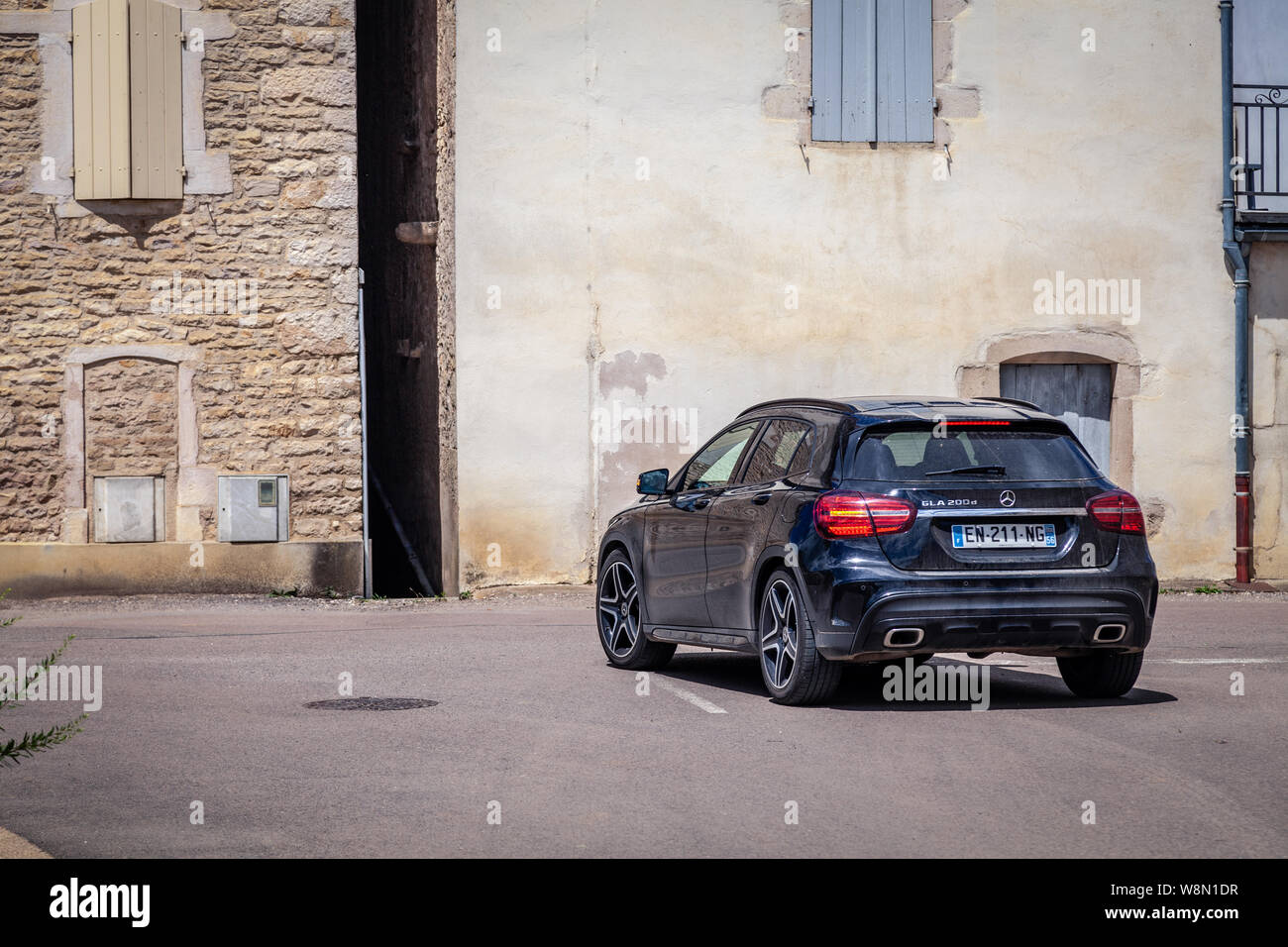 France Lyon 2019-06-20 closeup back luxury dark blue German car ...