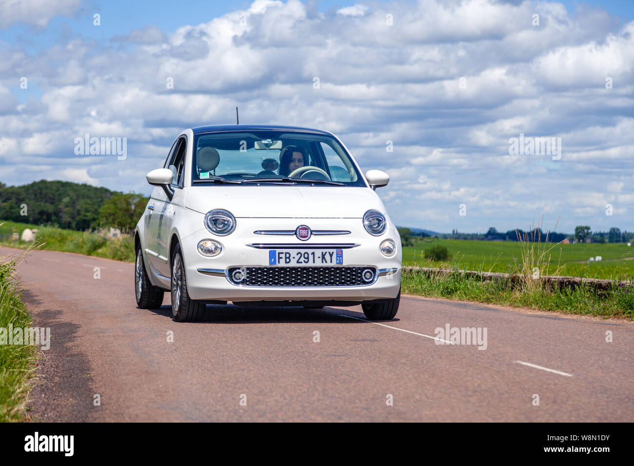 France Lyon 2019-06-20 closeup front view small compact white car ...