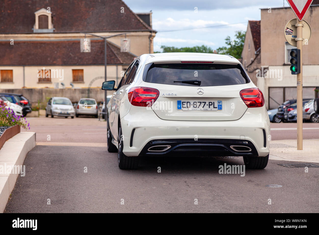 France Lyon 2019-06-21 closeup white silver German car hatchback ...