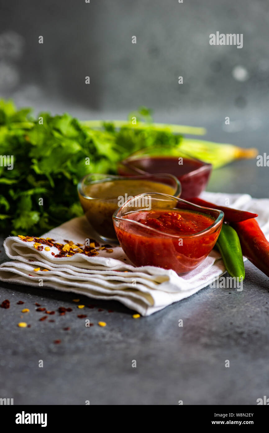 Traditional georgian sauces like tomato satsebeli, yellow and red ...