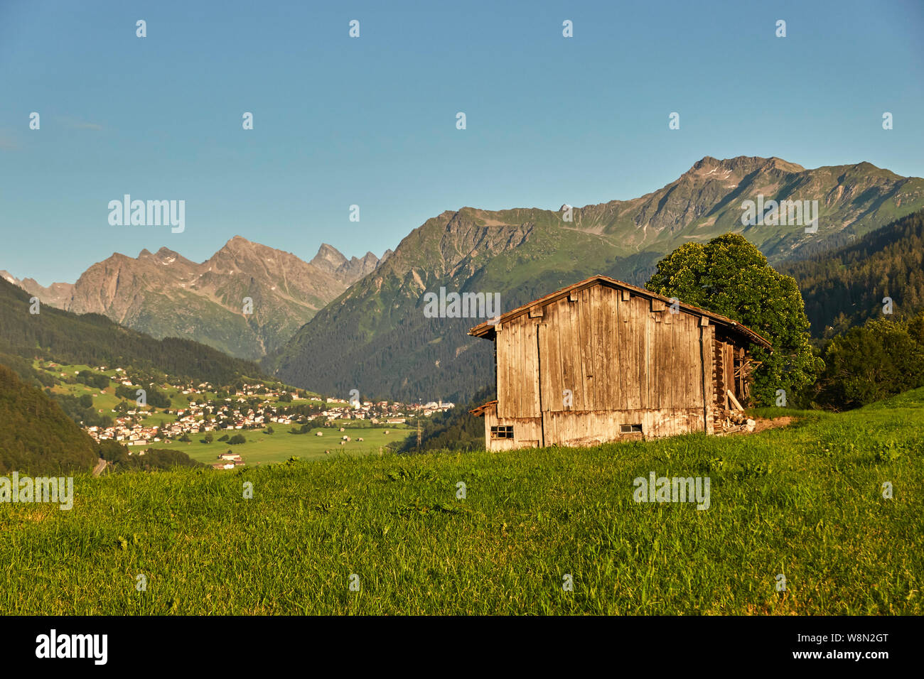 Mountain alpine hut in summer time, Klosters, Graubünden, Switzerland ...
