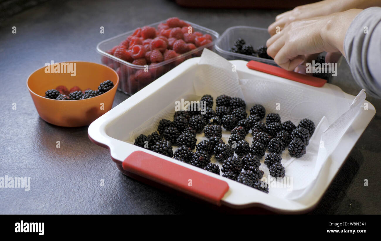 Girl dries blackberries and raspberries after washing Stock Photo - Alamy