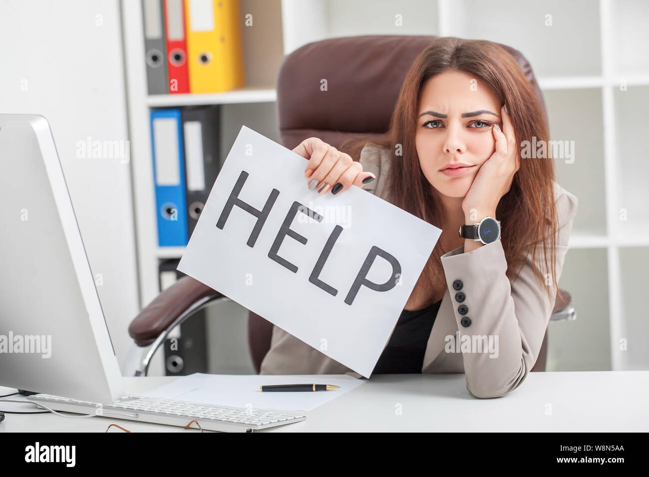 Stress. Unhappy Young Business woman, needs help to manage work Stock ...