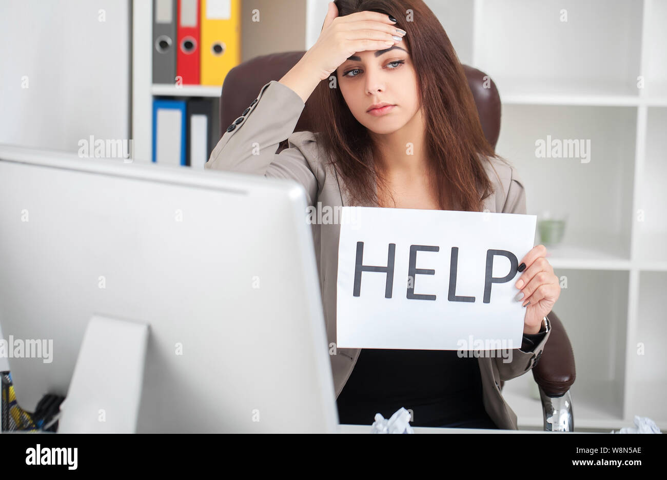Stress. Unhappy Young Business woman, needs help to manage work Stock ...