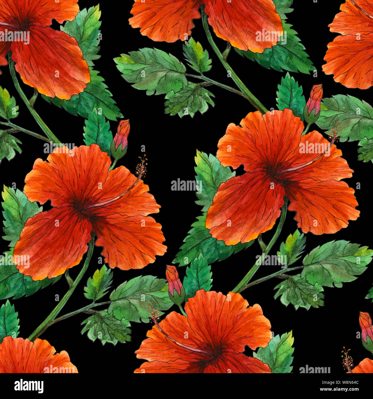 Watercolor original painting of red hibiscus seamless pattern Stock ...
