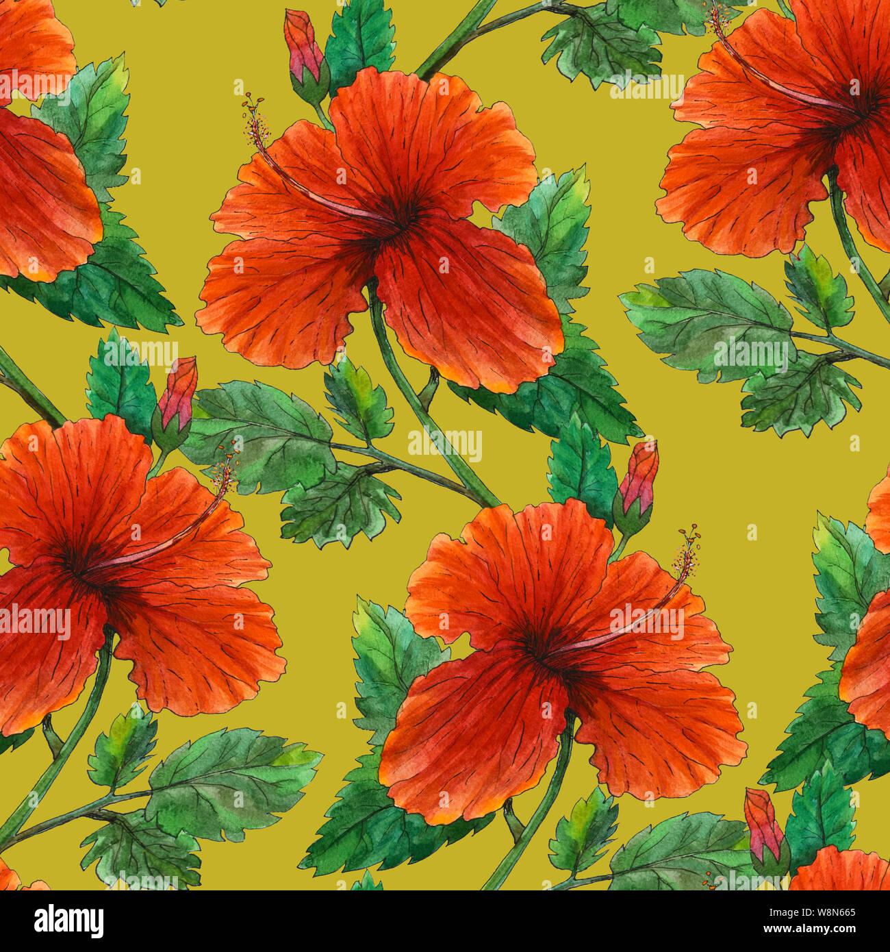Watercolor original painting of red hibiscus seamless pattern Stock ...
