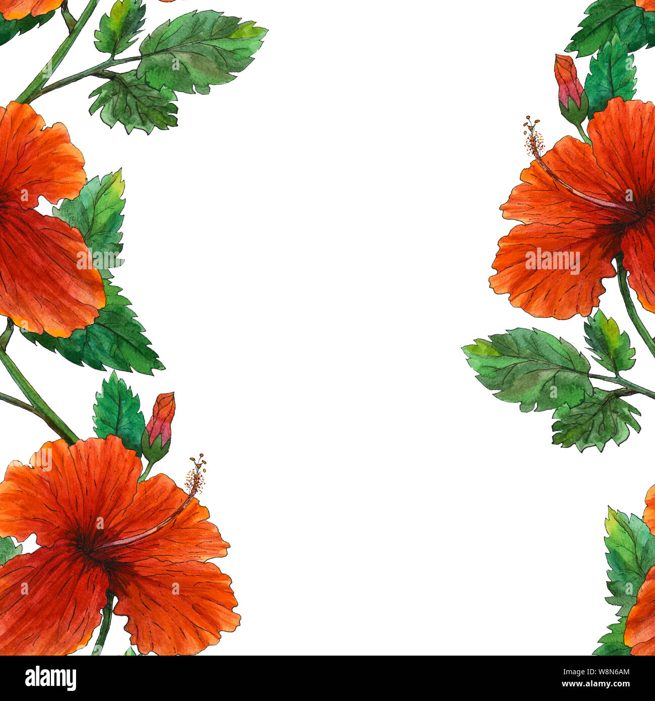 Watercolor original painting of red hibiscus seamless pattern Stock ...