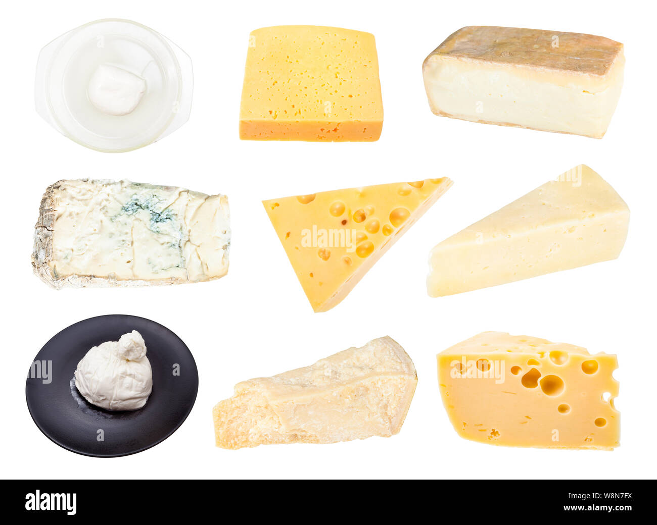 collage from various cheeses isolated on white background Stock Photo ...