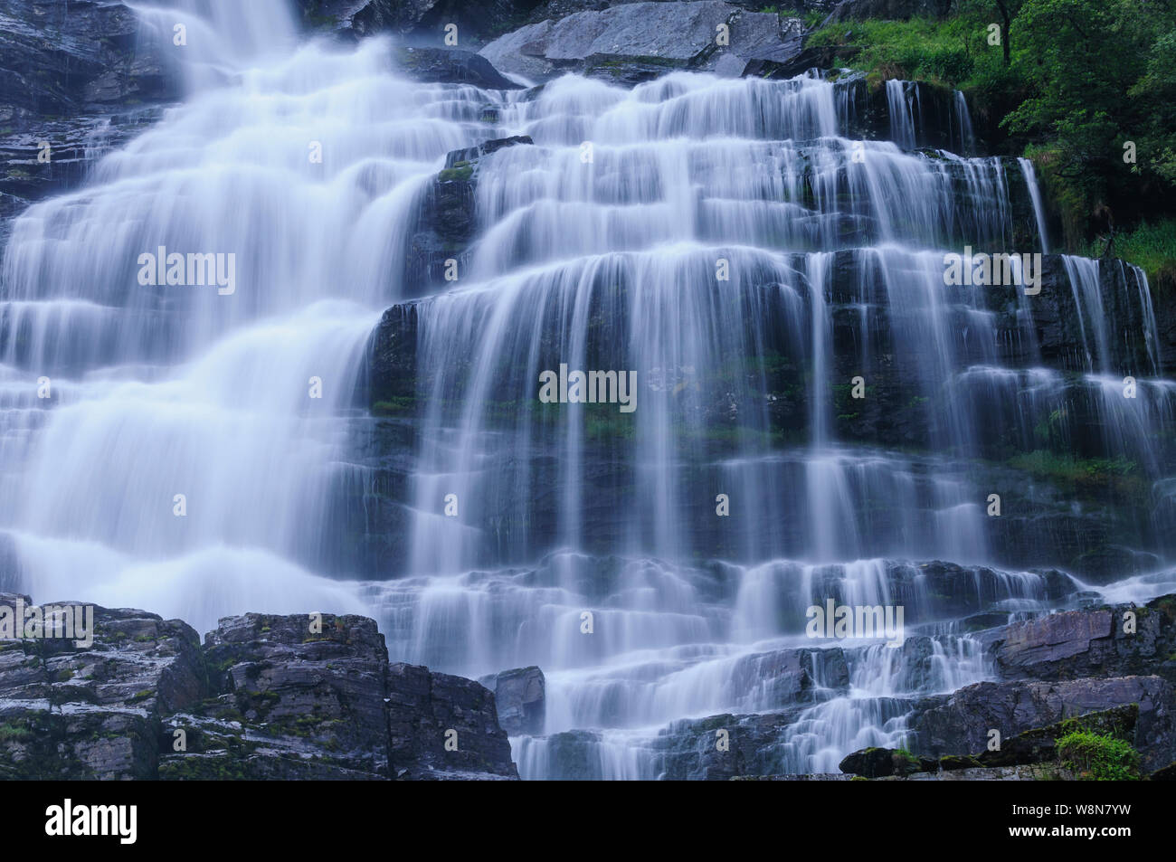 Panoramic image of Tvindefossen waterfall in Norway. Taken with a long ...