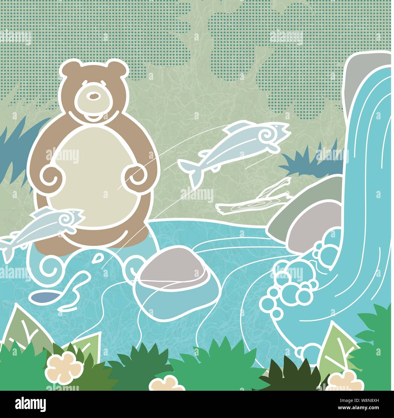 Bear Fishing An animated brown bear fishing for salmon in a river with ...