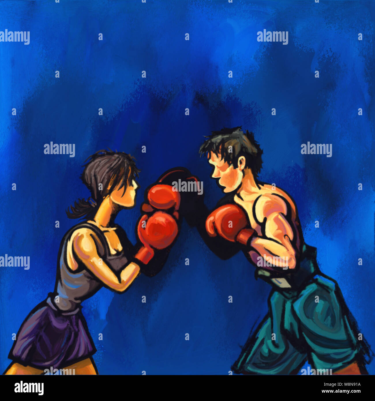 Male & Female boxers face off with gloved hands & serious looks Stock ...