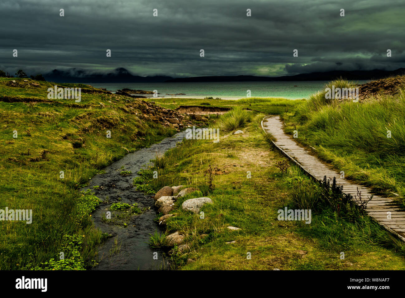Scenic Coastal Landscape With River And Wooden Footpath In Scotland ...