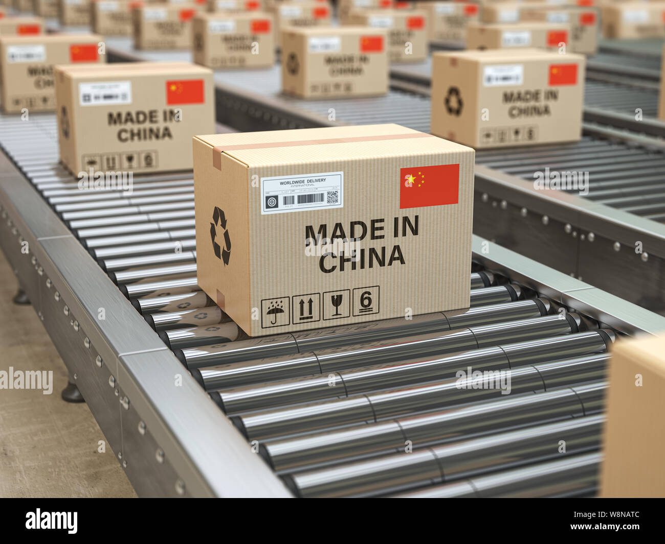 Made in China. Cardboard boxes with text made in China and chinese flag ...