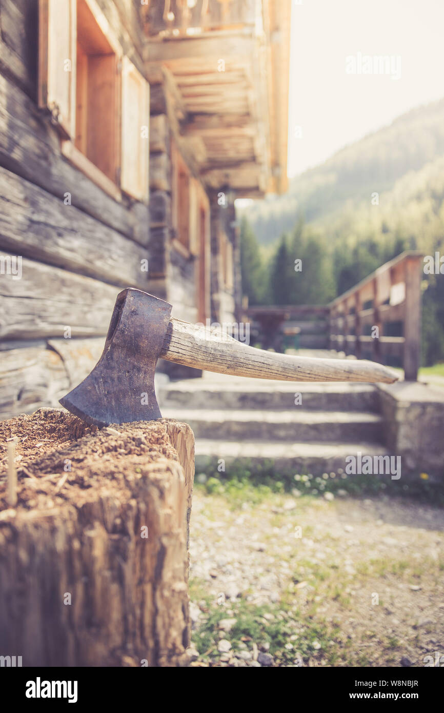 Old axe attached to a tree trunk, alpine hut Stock Photo - Alamy