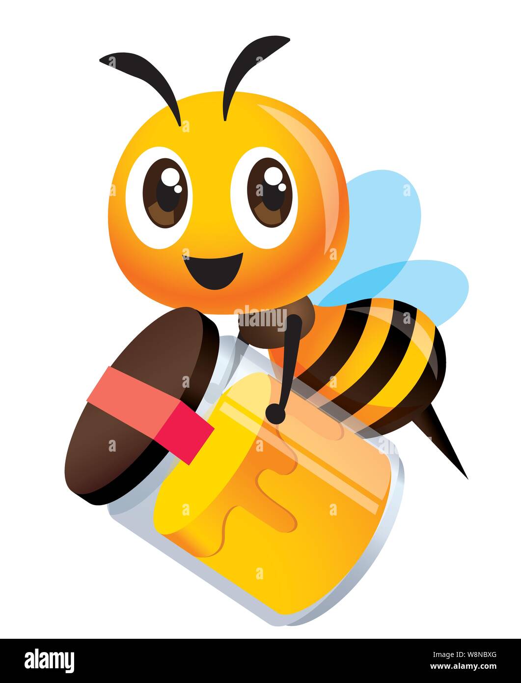 Cartoon cute bee holds a big bottle of fresh honey product. Delivery ...