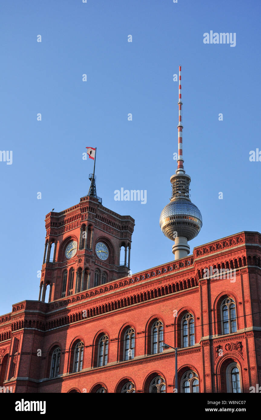 The rotes rathaus red city hall and the tv tower hi-res stock ...
