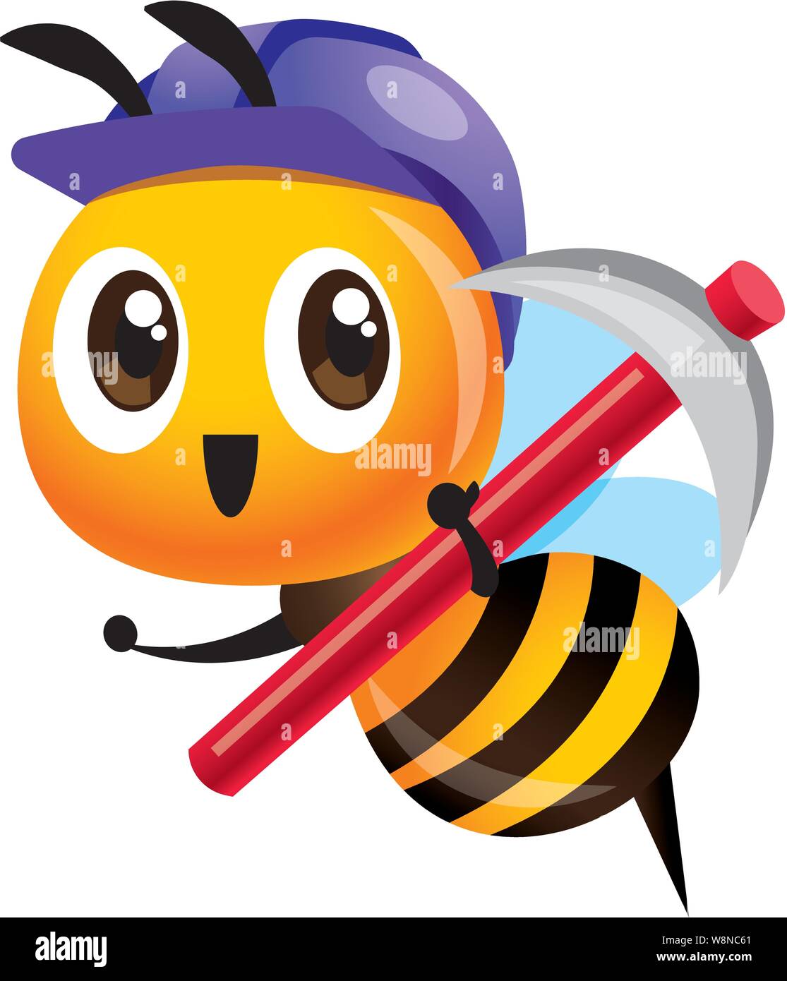 Cartoon cute bee wearing purple safety cap and holding a hoe tool. Cute ...