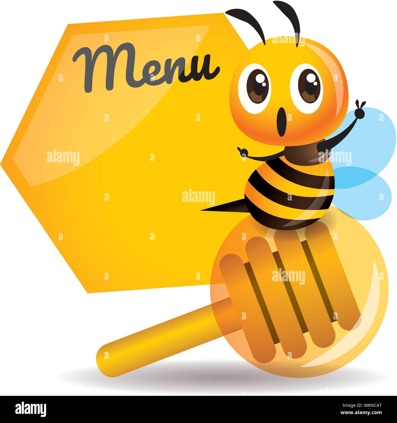 Cartoon cute bee sitting on the honey dipper with big menu board Stock ...