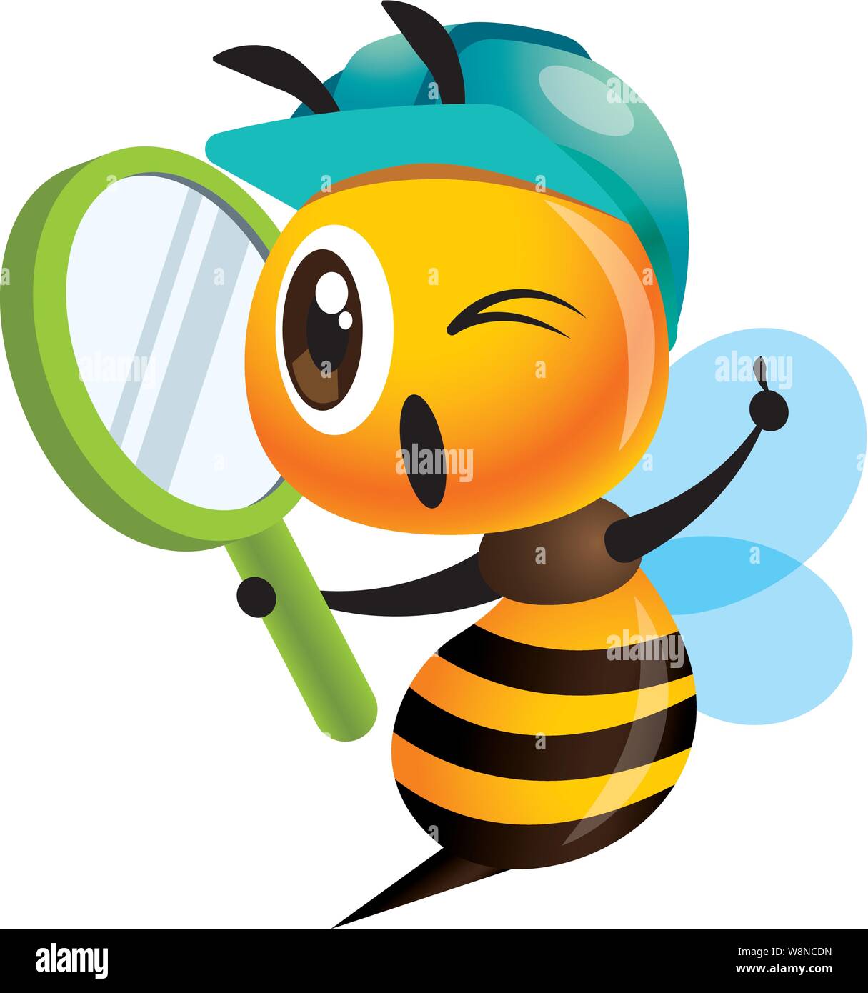 Cartoon cute bee wearing blue safety cap and holding a magnifying glass ...