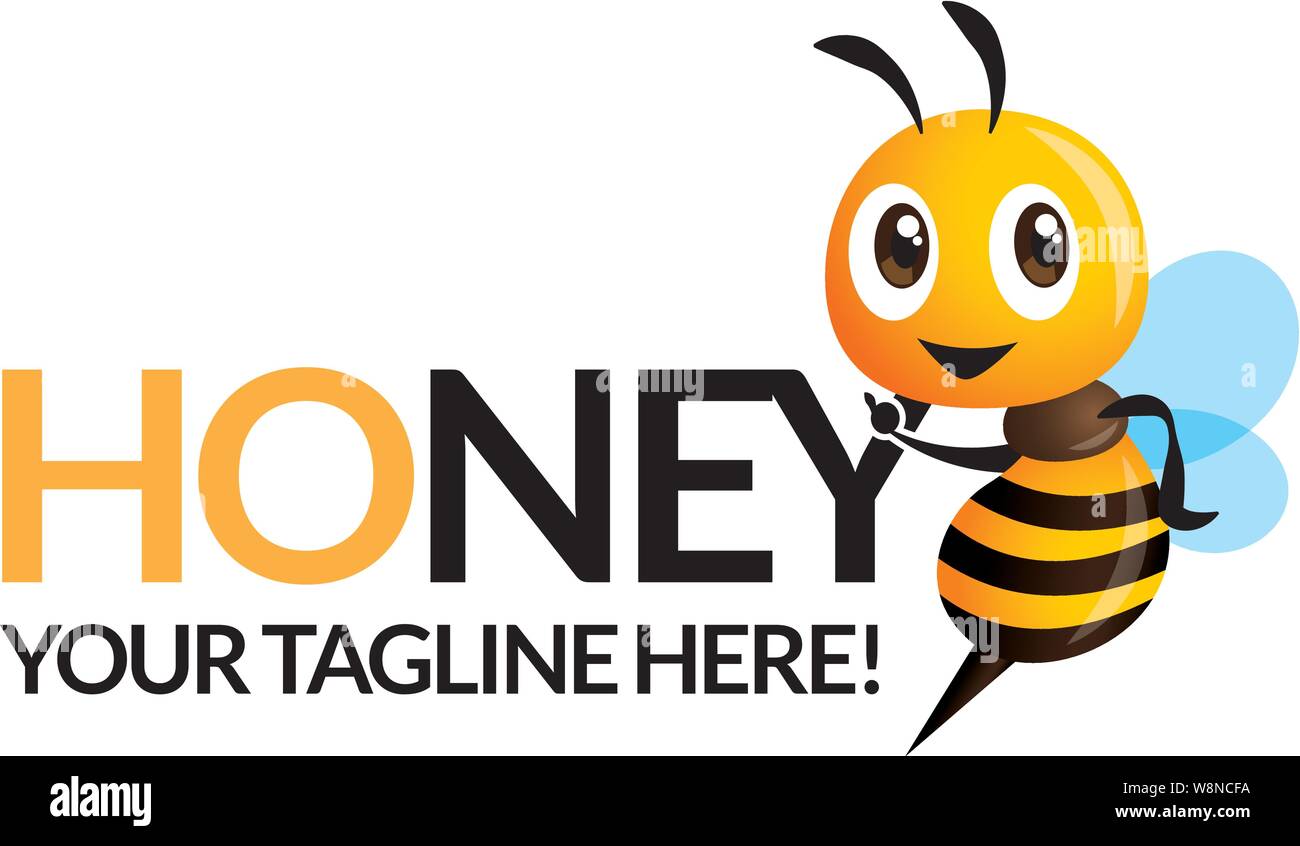 Cartoon cute bee mascot pointing to honey business brand name signboard ...