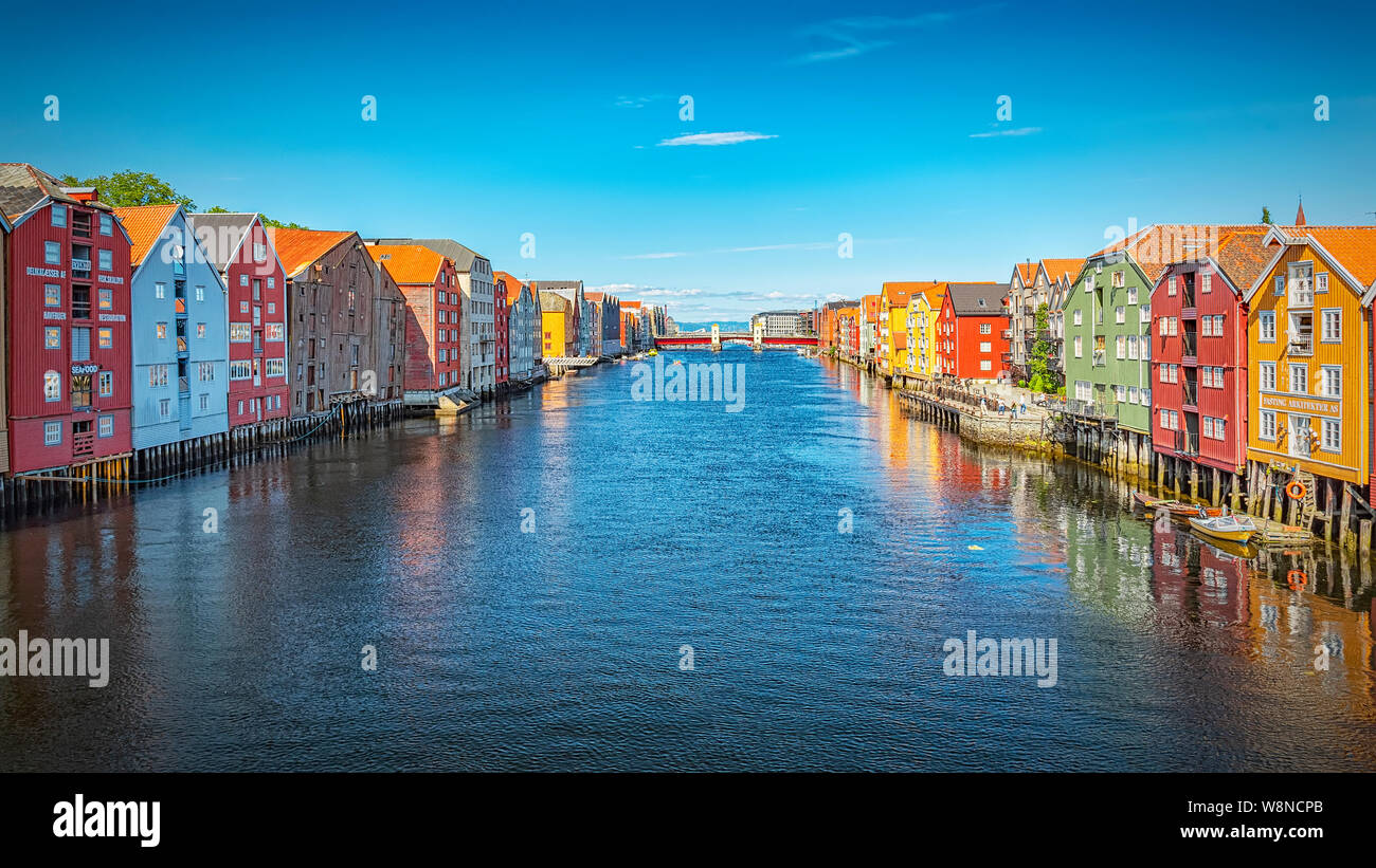 TRONDHEIM, NORWAY - JULY 17, 2019: Along the Nidelva River you can find ...
