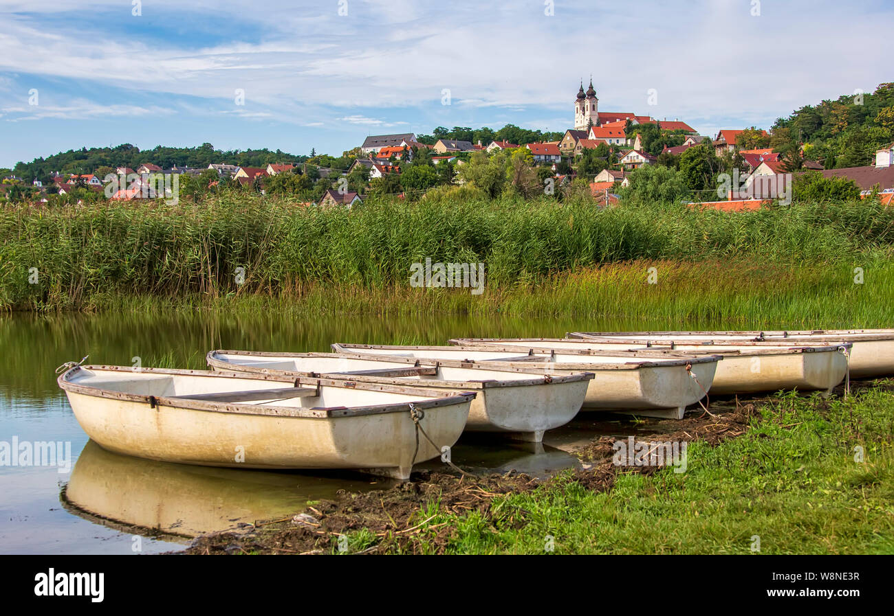 TIHANY, HUNGARY - JULY 30, 2019: Rowing boats are tied up at the Inner ...
