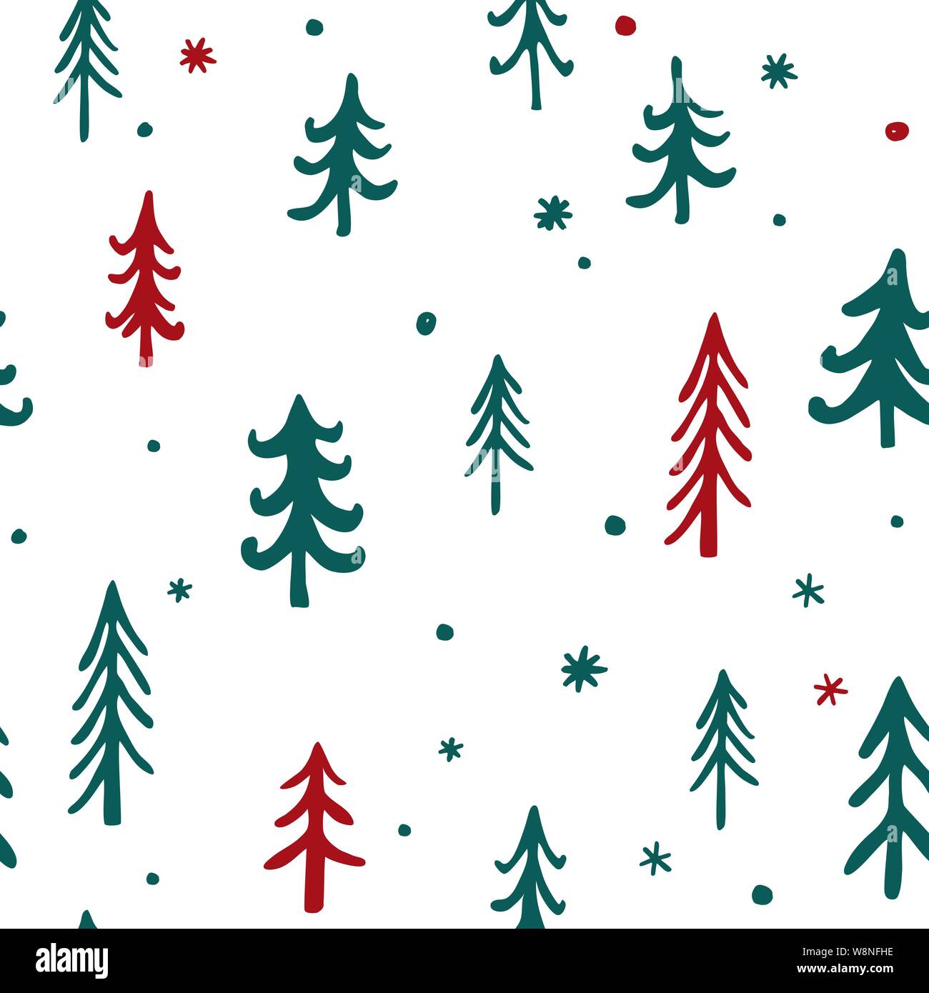 Vector seamless pattern Christmas trees pattern. Red and green doodle ...
