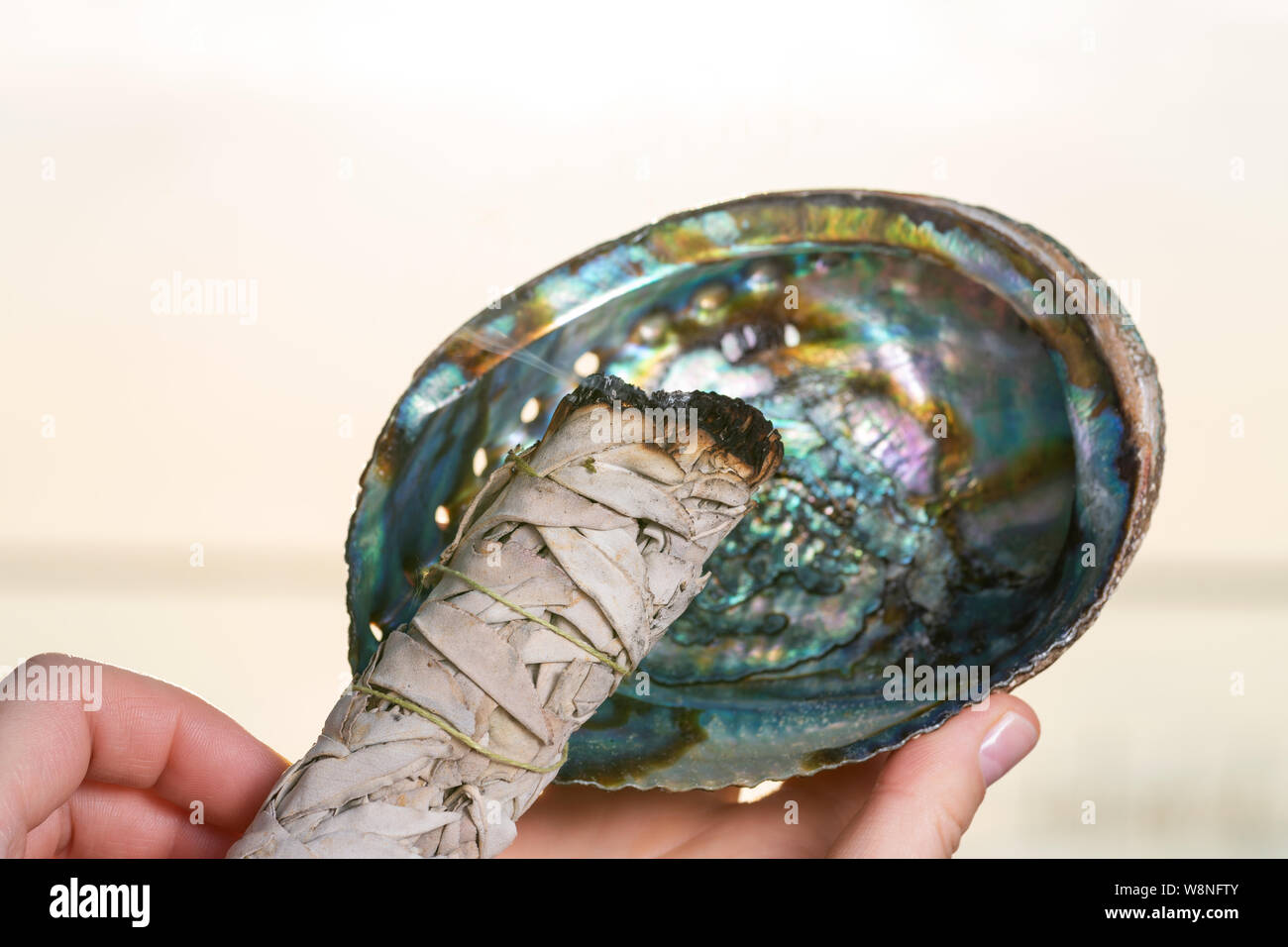 Smudging Ritual using burning thick leafy bundle of White Sage in bright polished Rainbow ...