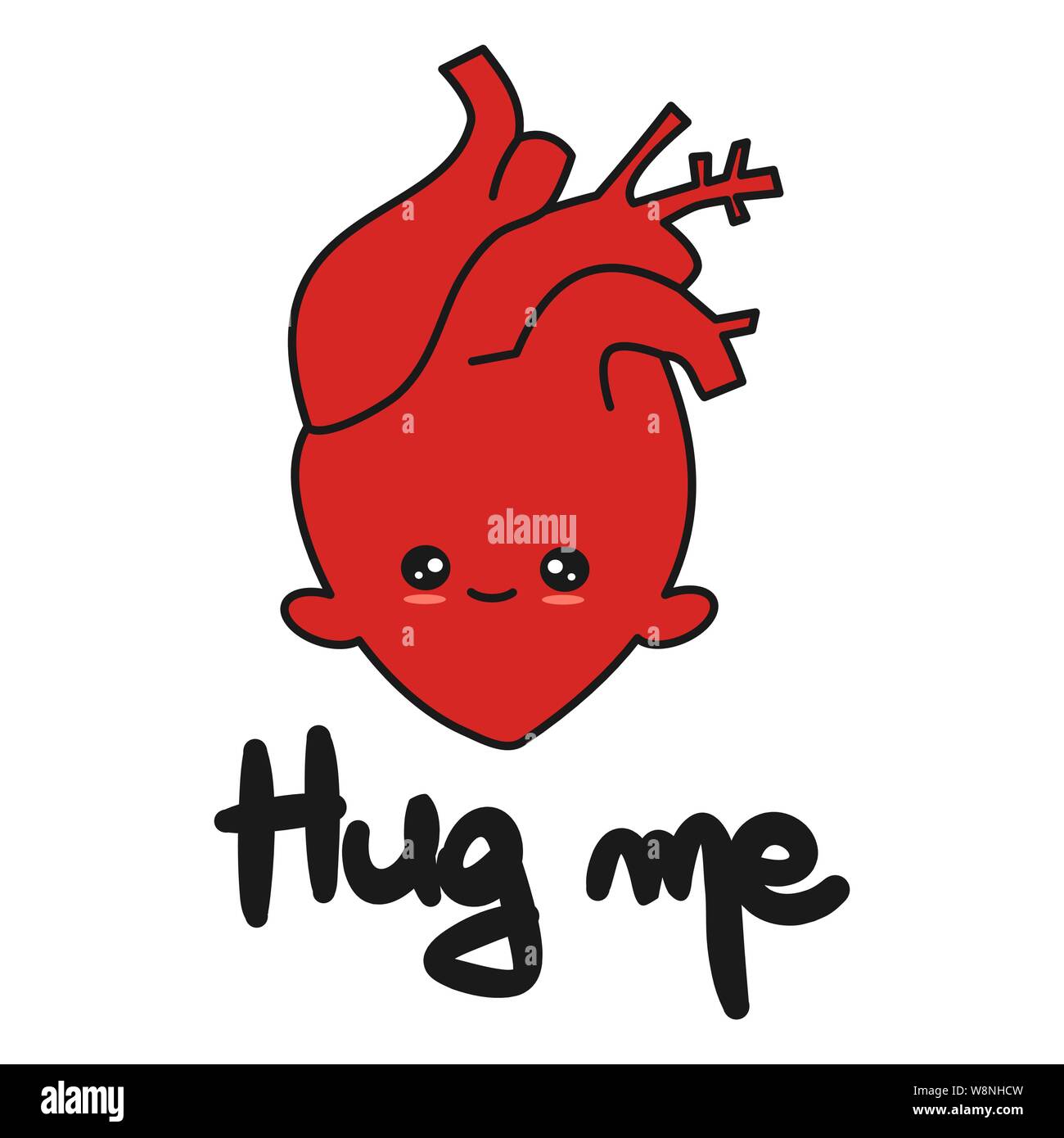 cute hand drawn lettering hug me quote with cartoon human heart vector ...