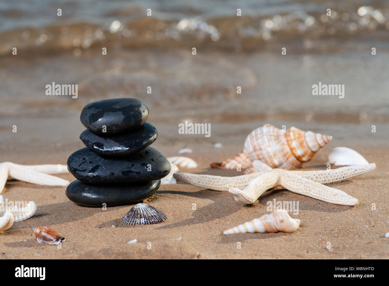Spa composition - stacked Basalt Stones, Seashells and Sea Stars on the ...