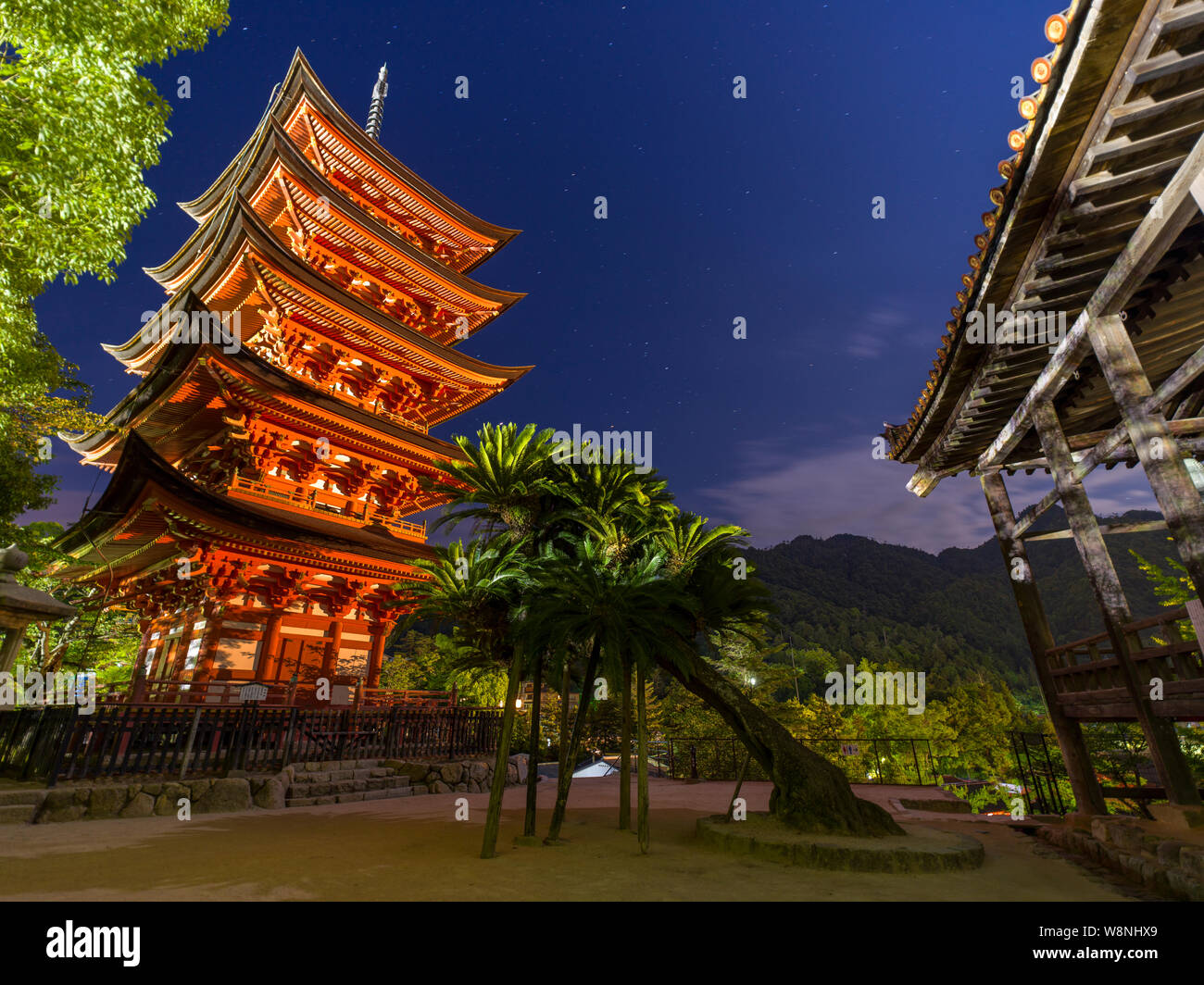 Red Pagoda and Palm Tree at night Stock Photo - Alamy