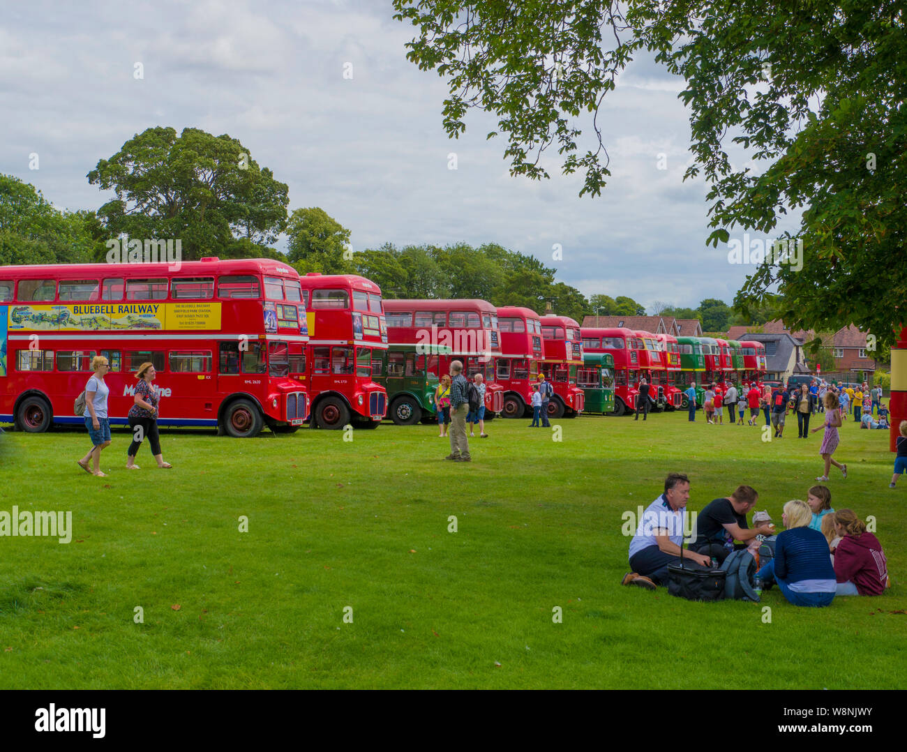 Overview of line of buses and spectators with family picnicking at the ...