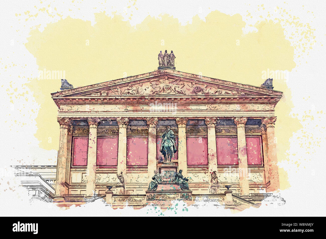 A watercolor sketch or illustration of the building of the old National ...