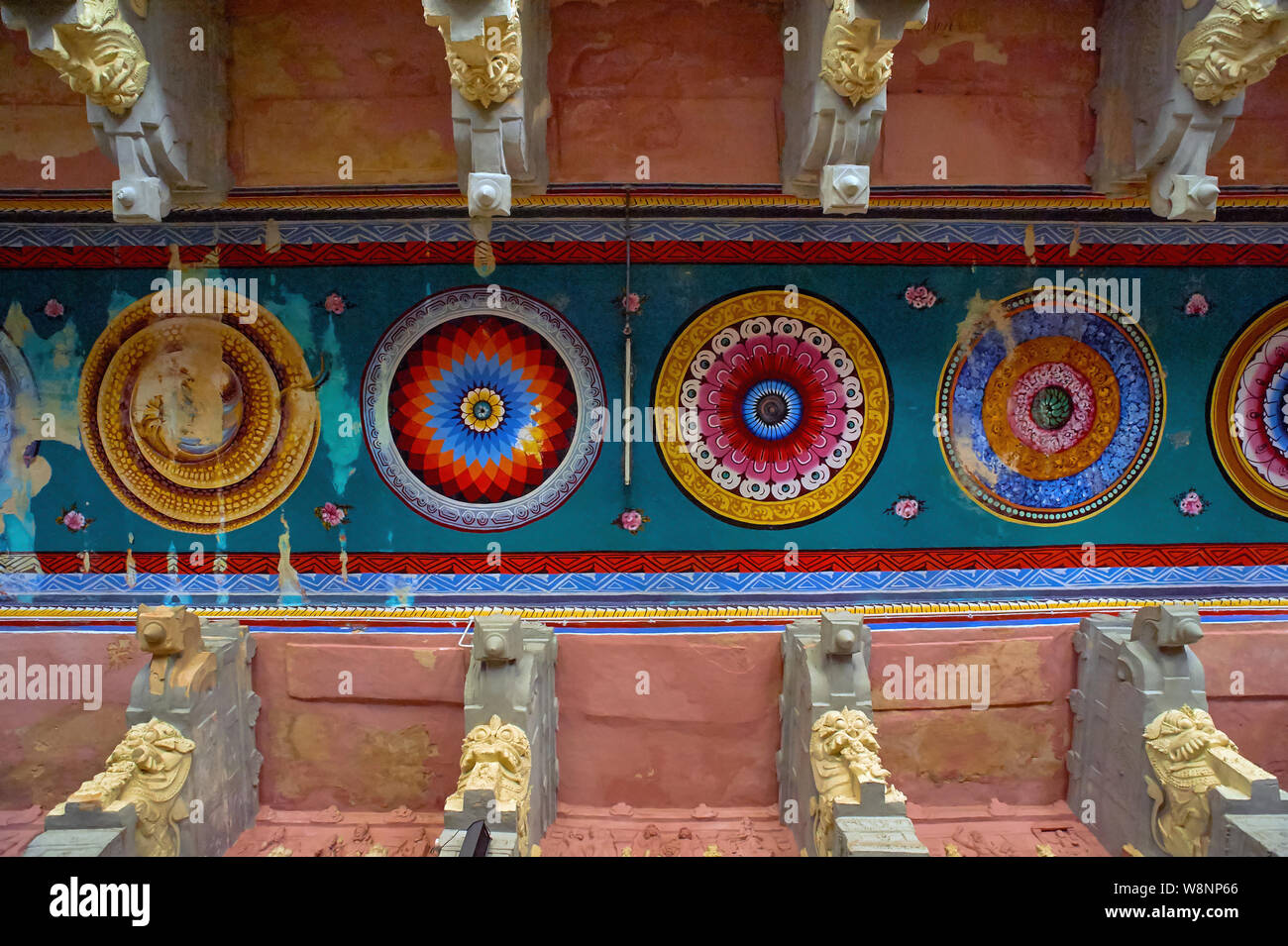 23 Aug 2009 Colourfully painted pillars and ceiling, Ramanathaswami ...