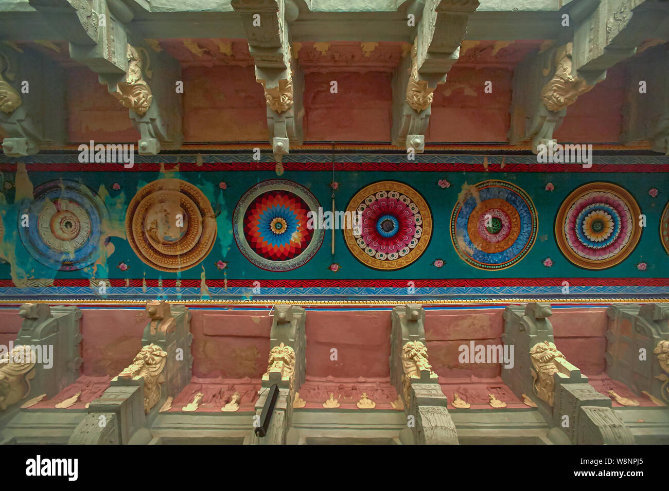 23 Aug 2009 Colourfully painted pillars and ceiling, Ramanathaswami ...