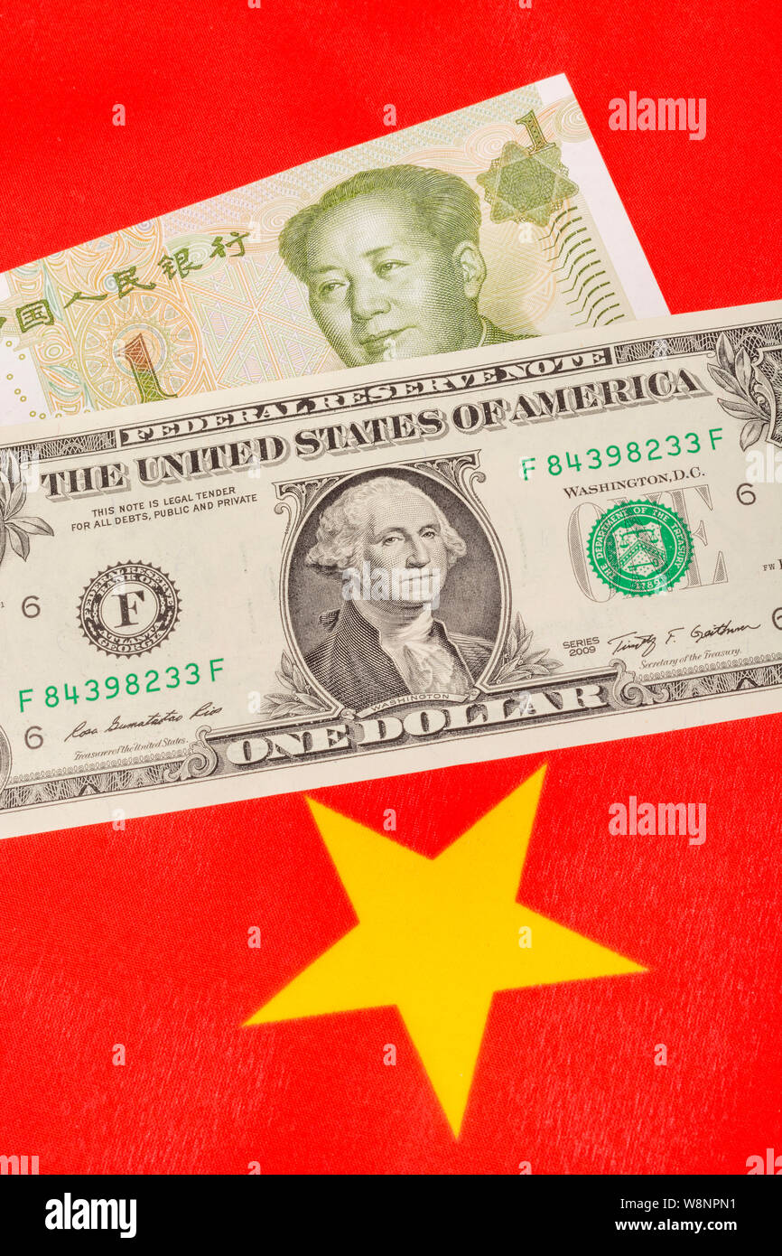 Close-up US 1 Dollar bill banknote & Chinese 1 Yuan Renminbi + China ...