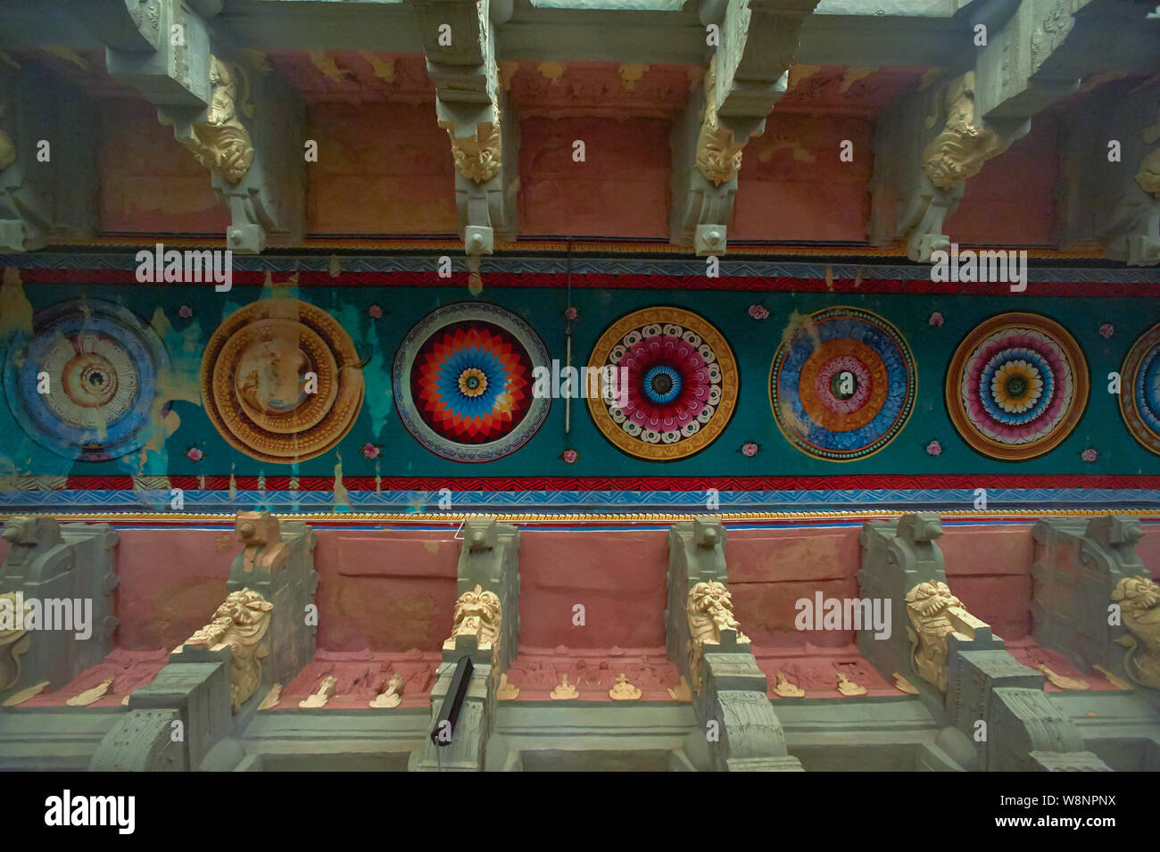 23 Aug 2009 Colourfully painted pillars and ceiling, Ramanathaswami ...