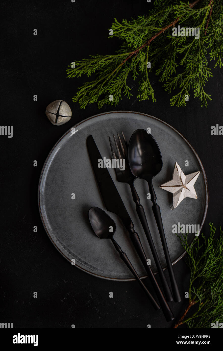 Rustic table setting for festive holiday Christmas dinner with gift box ...