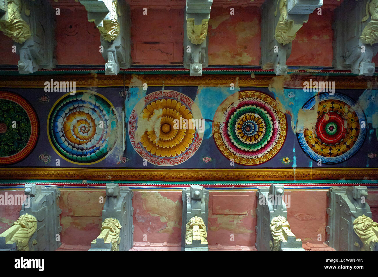 23 Aug 2009 Colourfully painted pillars and ceiling, Ramanathaswami ...
