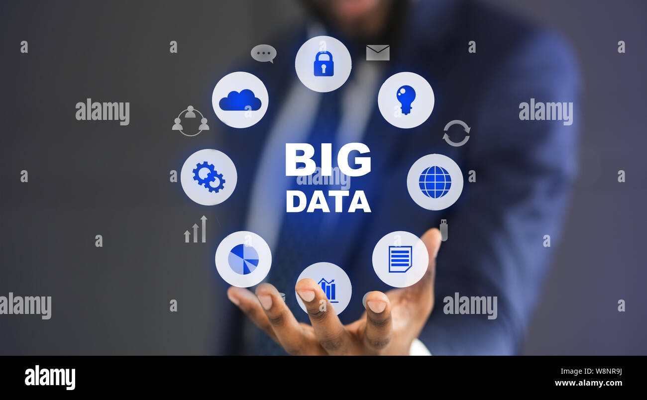 Big data network with all content in businessman hand Stock Photo - Alamy