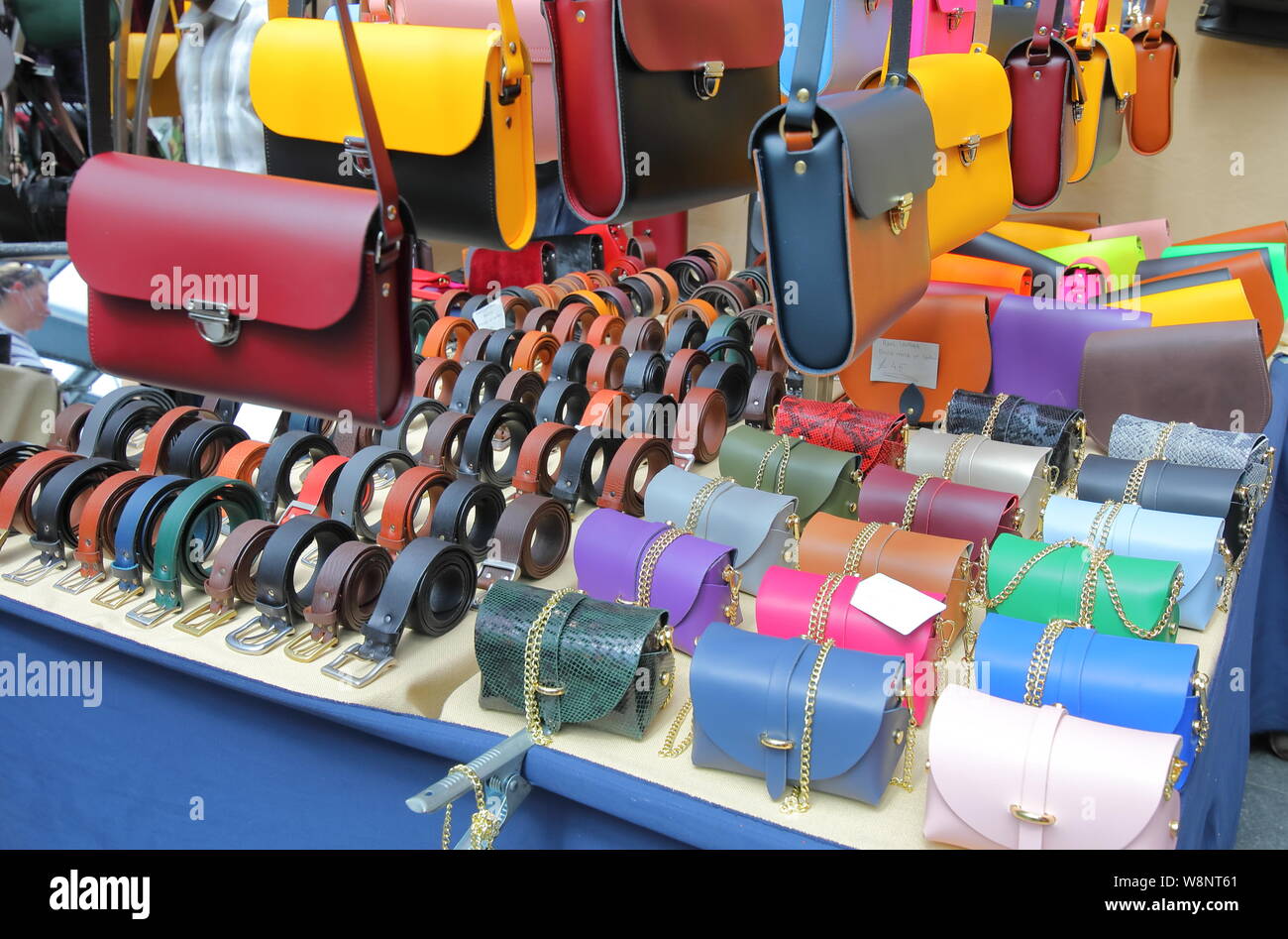 Handicraft bag display at Old Spitalfields market London UK Stock Photo ...